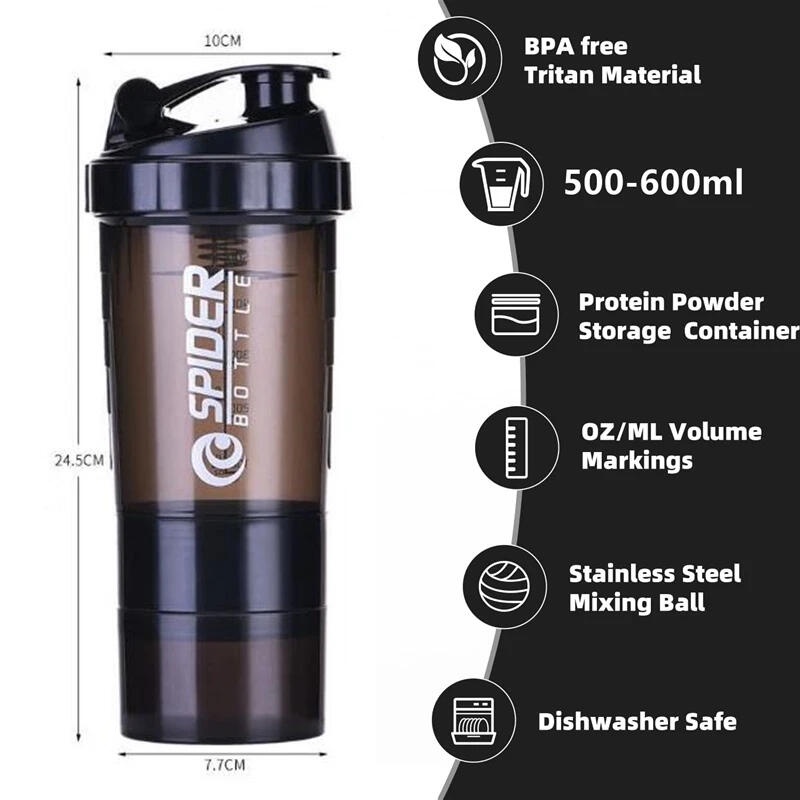 500ml Protein Shaker Cups with Powder Storage Container Mixer Cup Gym ...