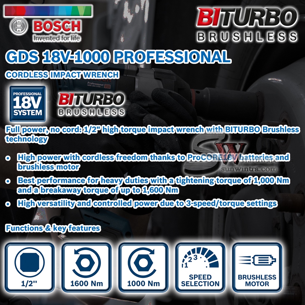 Bosch 1000Nm 1/2" Anvil Cordless Impact Wrench GDS18V-1000 GDS 18V-1000 ...