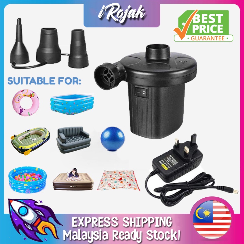 [iRojak] Portable Inflatable Electric Air Pump Inflator/Deflator 3 Nozzles Pump Swimming Pool ...