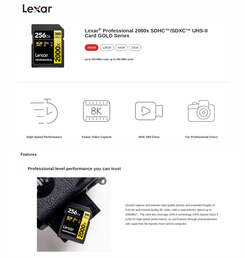 Lexar 64GB / 128GB / 256GB Professional 2000x SD Card UHS-II Card GOLD ...