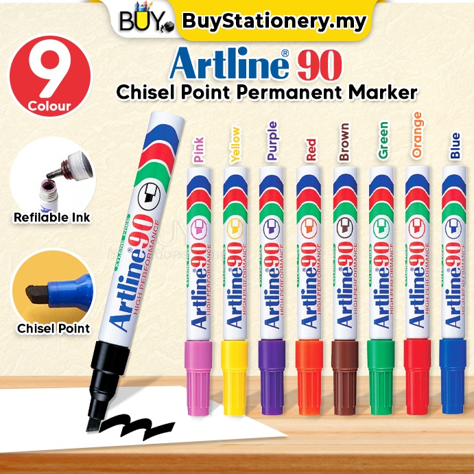 Artline Permanent Marker Colour 90 High Performance Drawing Pen Chisel ...