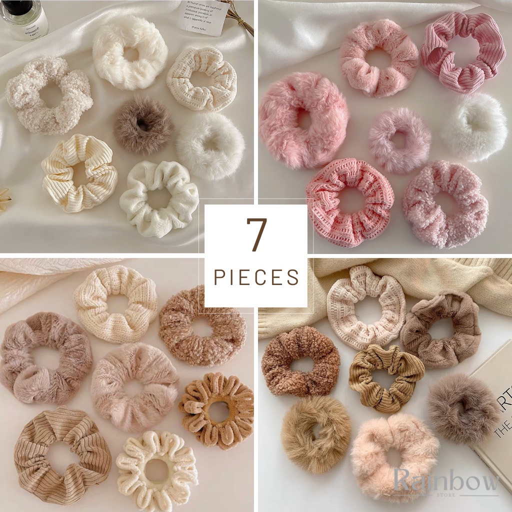 7 Pieces Korean Scrunchie Plush Scrunchies Elastic Hairband Tie Women ...