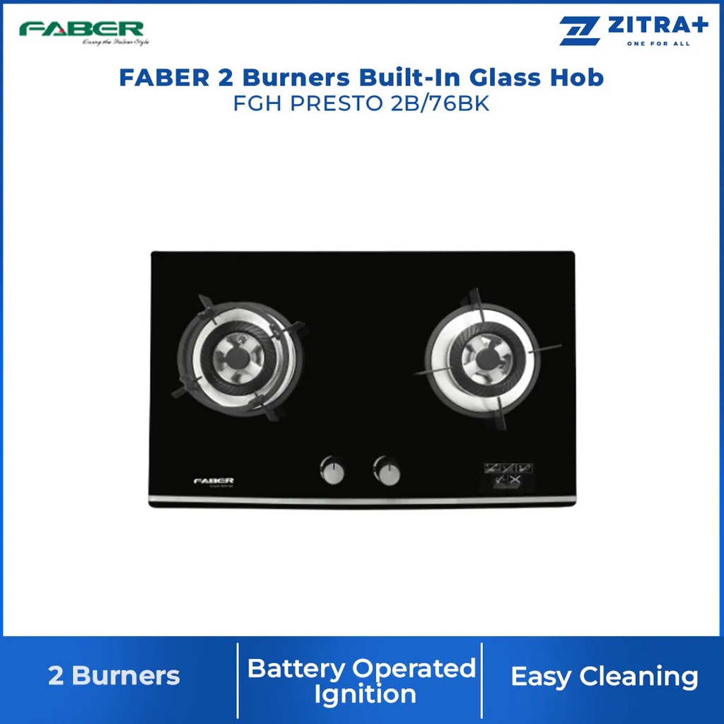 FABER 2 Burners Built-In Glass Hob FGH PRESTO 2B/76BK | Cast Iron ...