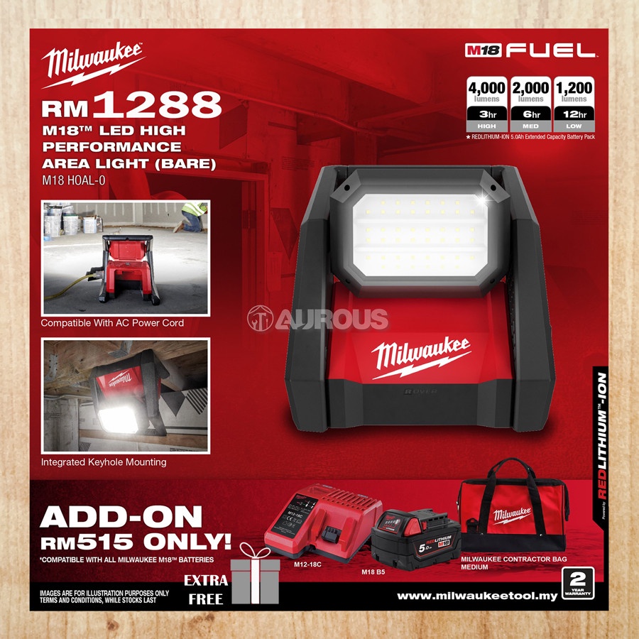 MILWAUKEE M18 LED HIGH PERFORMANCE AREA LIGHT 4000 LUMEN (M18 HOAL-0 ...