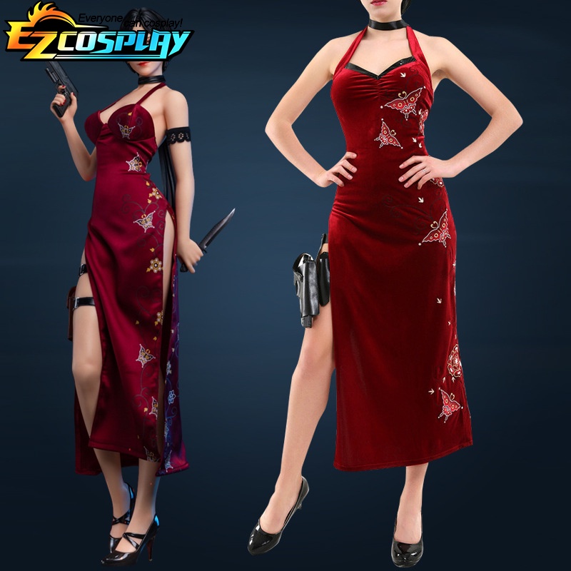 Resident Evil Ada Wong Cosplay Costumes Embroidered Cheongsam Style Red Dress Women Halloween ...