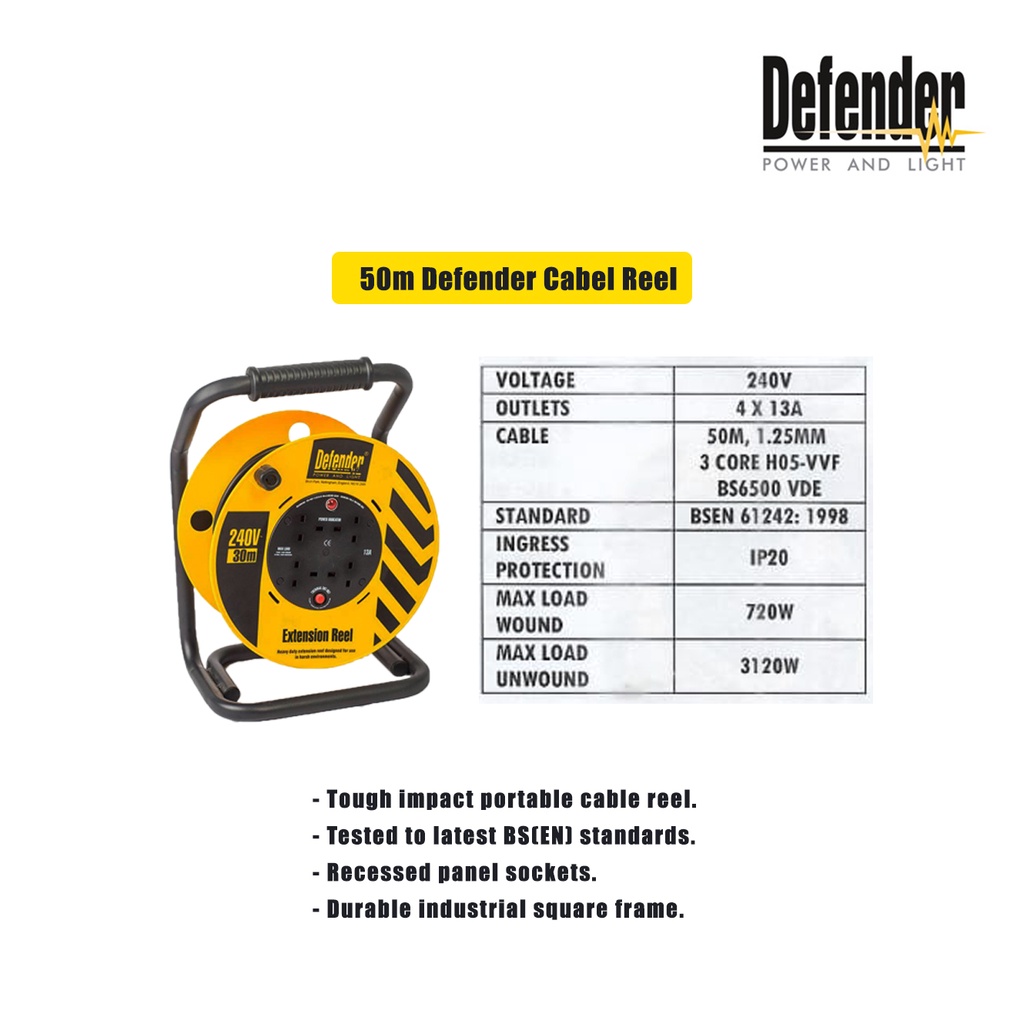 DEFENDER 10M 15M 20M 30M 50M Industrial Extension Cable Reel Wire Reel ...