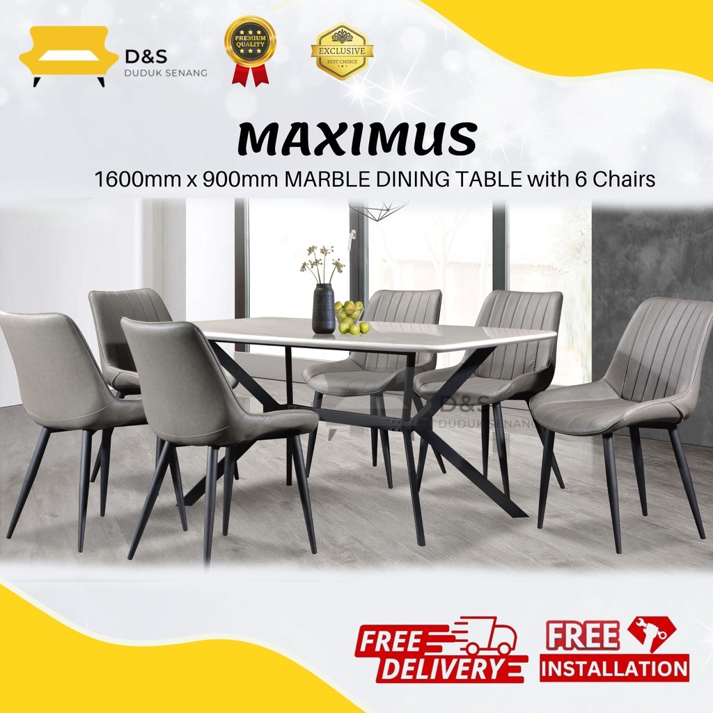 MAXIMUS 1600 x 900mm Marble Table Dining Set with 6pcs Chairs / Meja Makan Batu Marble 6 kerusi ...