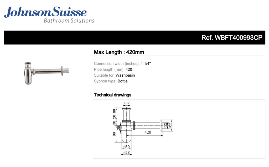 Johnson Suisse Zinc Bottle Trap Length Max 420mm - WBFT400993CP ...