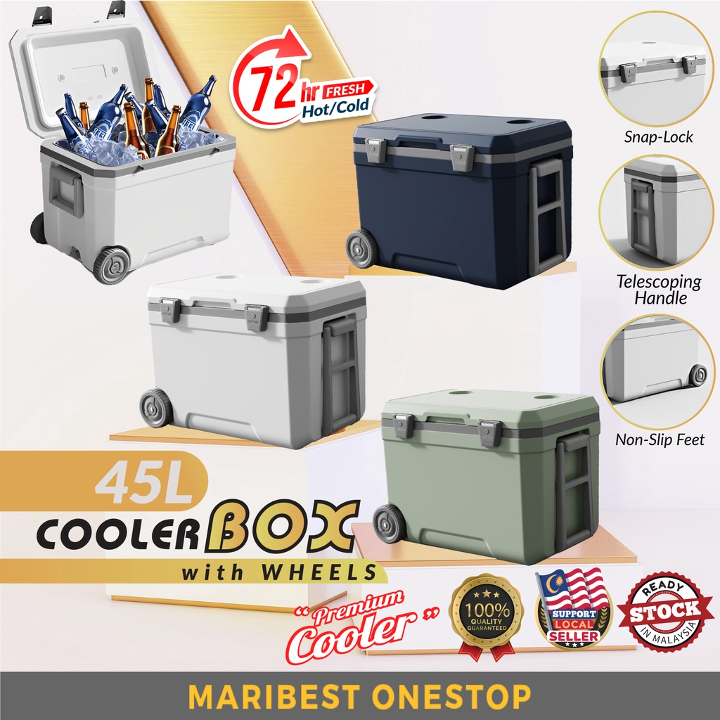 45L Cooler Box with Wheel Roller Portable Outdoor Food Storage Camping ...