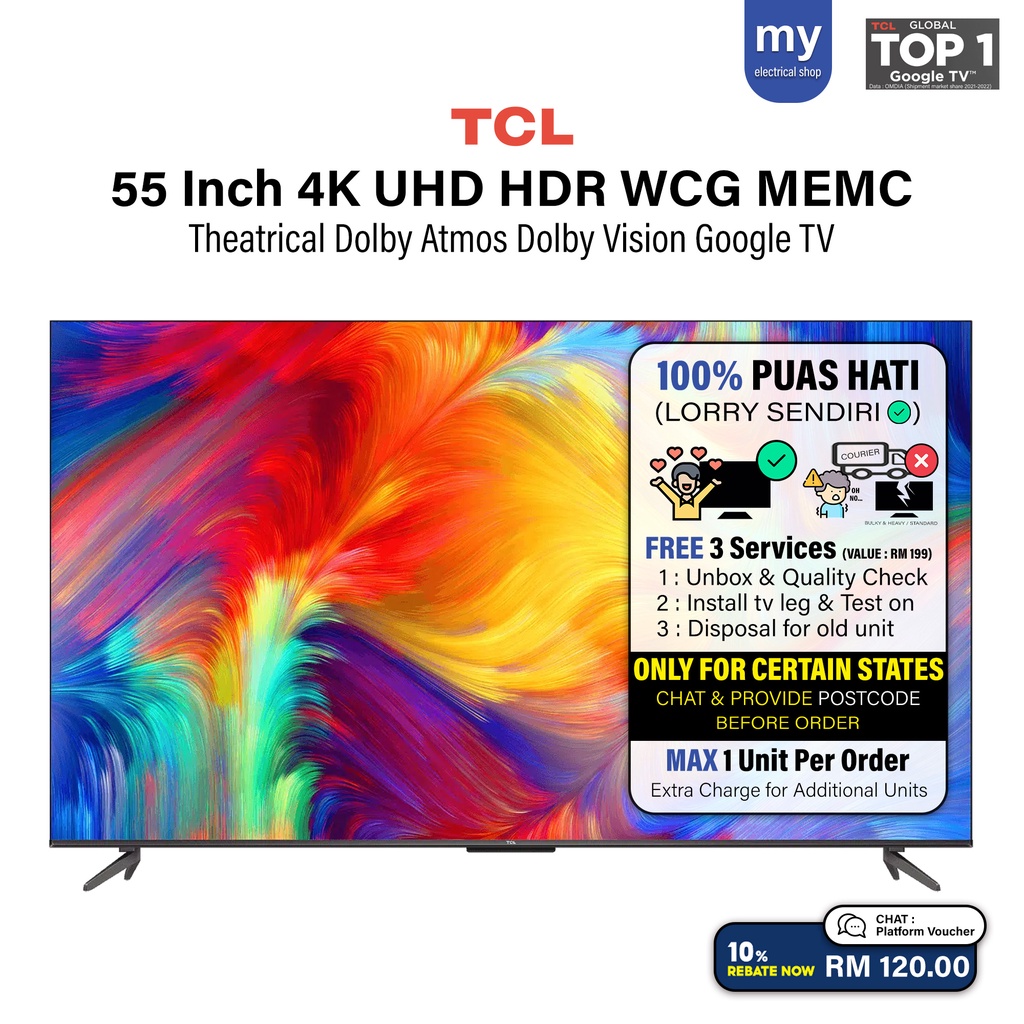 TCL 55 Inch Google TV 4K UHD HDR MEMC 55P735 | Shopee Malaysia