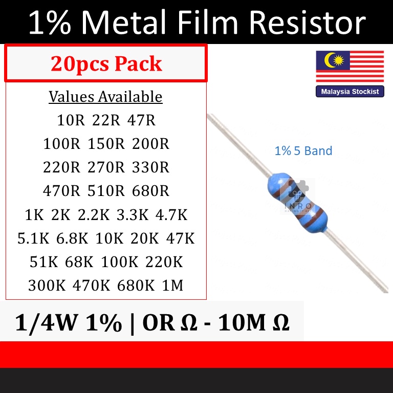 [20pcs] 1% Resistor 1/4W 0.25W 10R - 1M Metal Film Perintang Electronic ...
