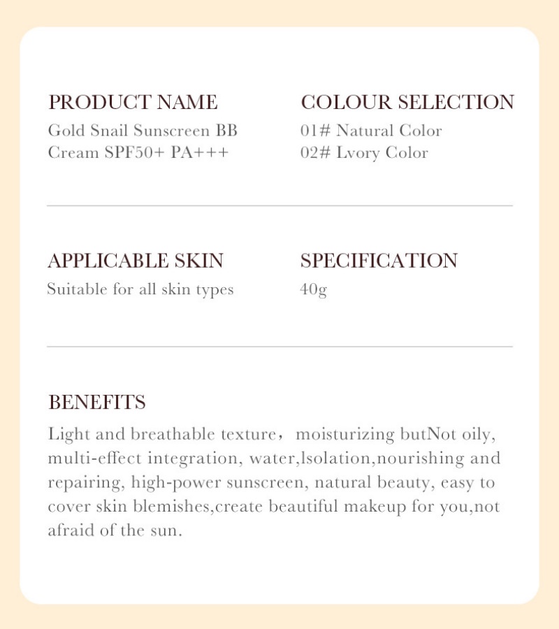 SADOER Gold Snail Sunscreen BB Cream Foundation Concealer Moisturizing Isolation Cream SPF50+PA ...
