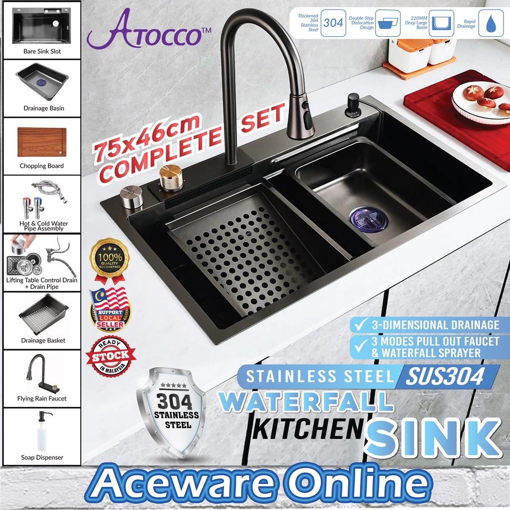 Stainless Steel Waterfall Kitchen Sink with Pull Out Faucet Soap ...