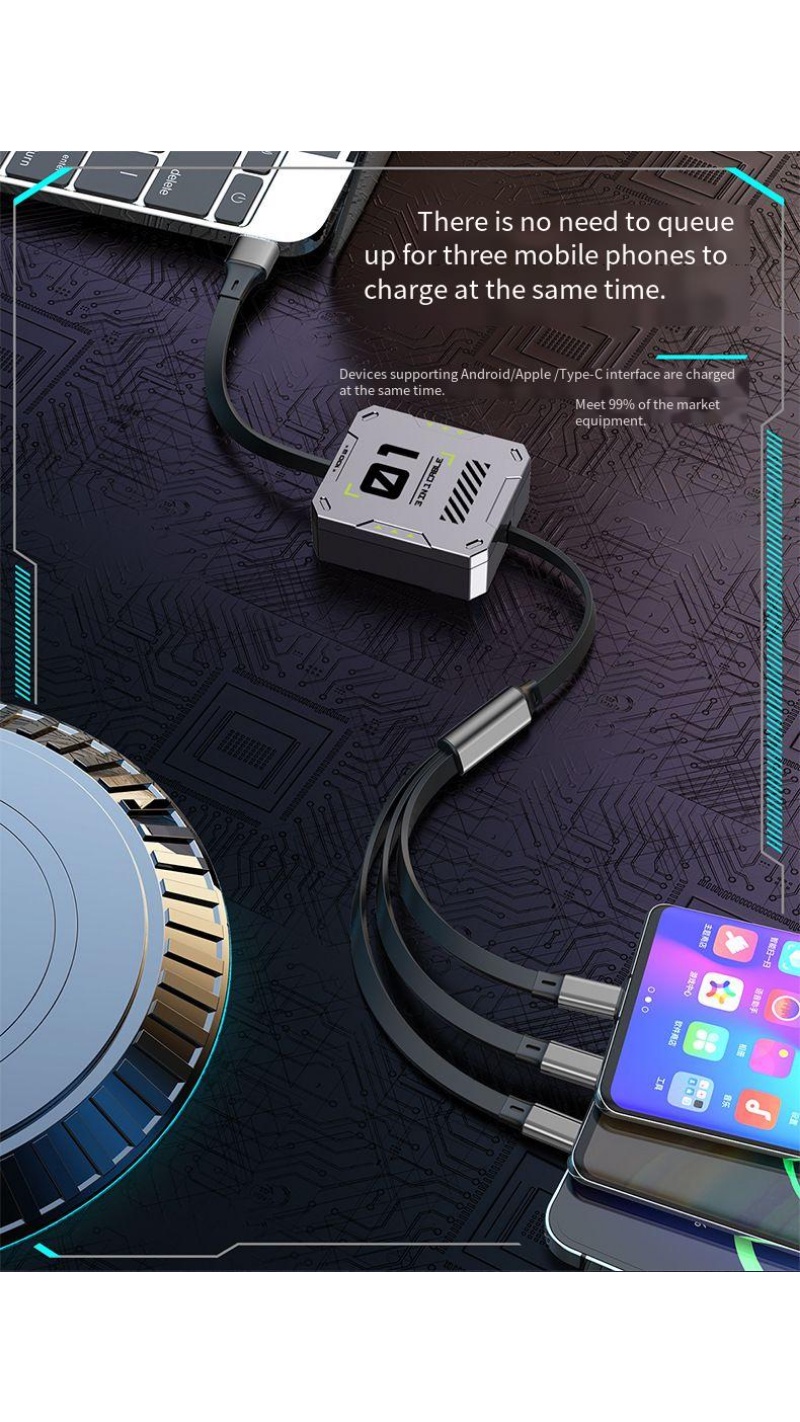 6A Super Fast Charging Cable Retractable 3 in 1 Data Cable Micro USB ...