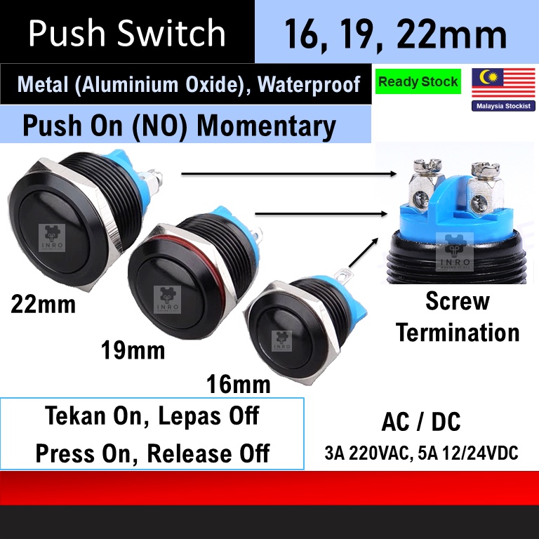 [AC DC] Black Waterproof Push Button Suis Pembuka 12mm 16mm 19mm 22mm ...