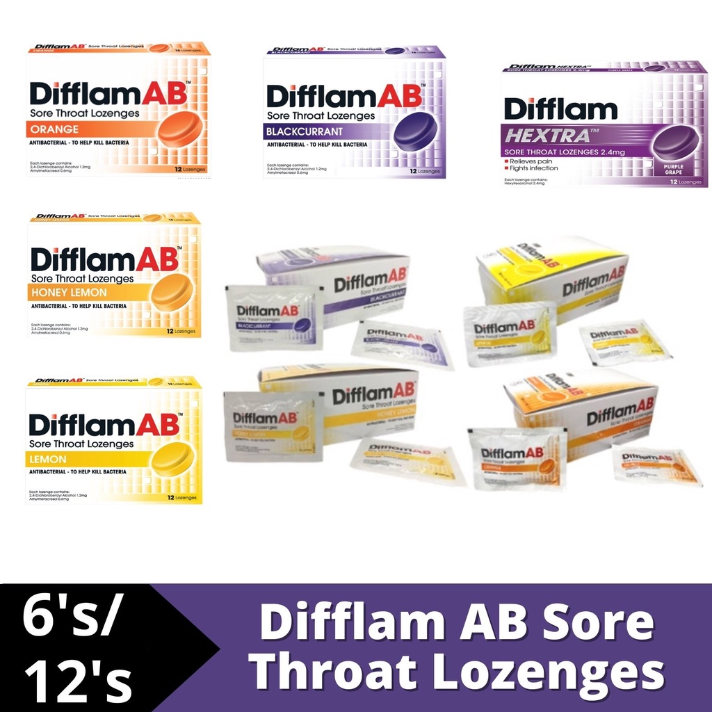 Difflam AB Sore Throat Lozenges - 6's/12's (Lemon/ Honey Lemon/ Orange ...
