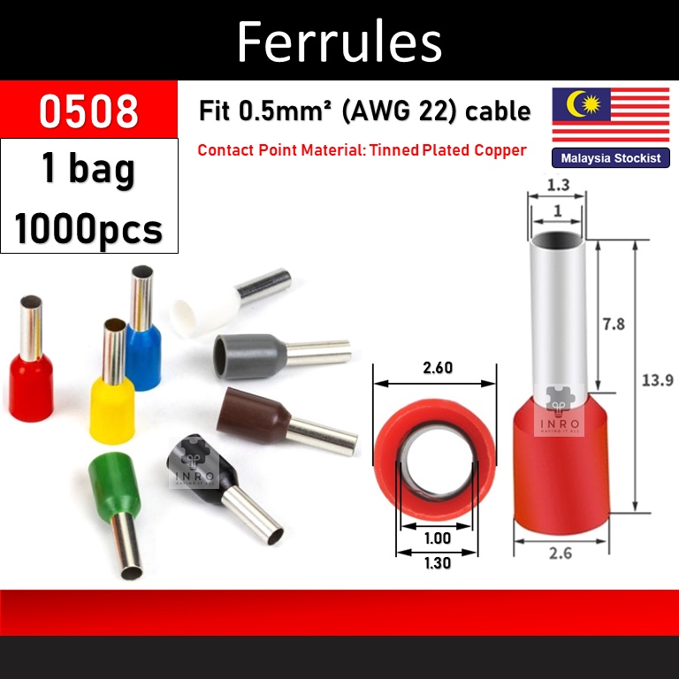 [1000pcs 1bag] E0508 Ferrules Ferrule Terminal Bootlace 0308 0508 7508 ...