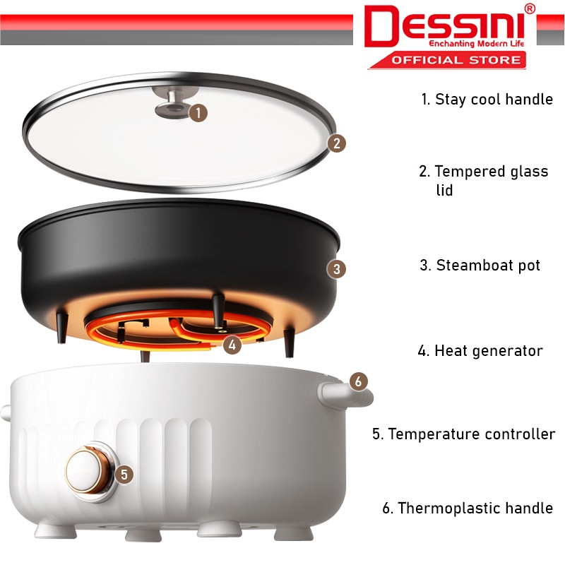 DESSINI ITALY Electric Cooker Hot Pot Steamboat Non Stick Casserole ...