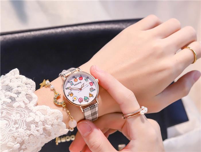 Japanese and Korean Style Women's Watch with Grid Leather Band and Cute ...