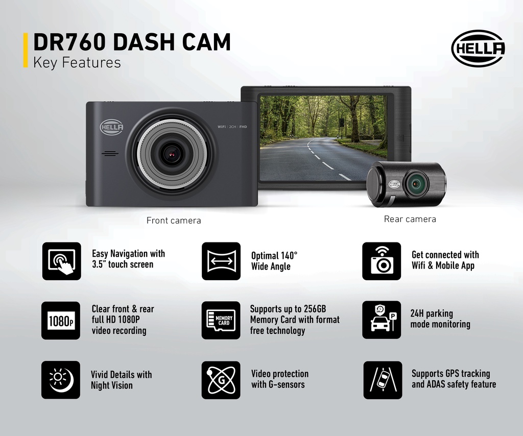 HELLA DR 760 Dash Camera | 2CH Front/Back FHD 1080P | 3.5" LCD Touch ...