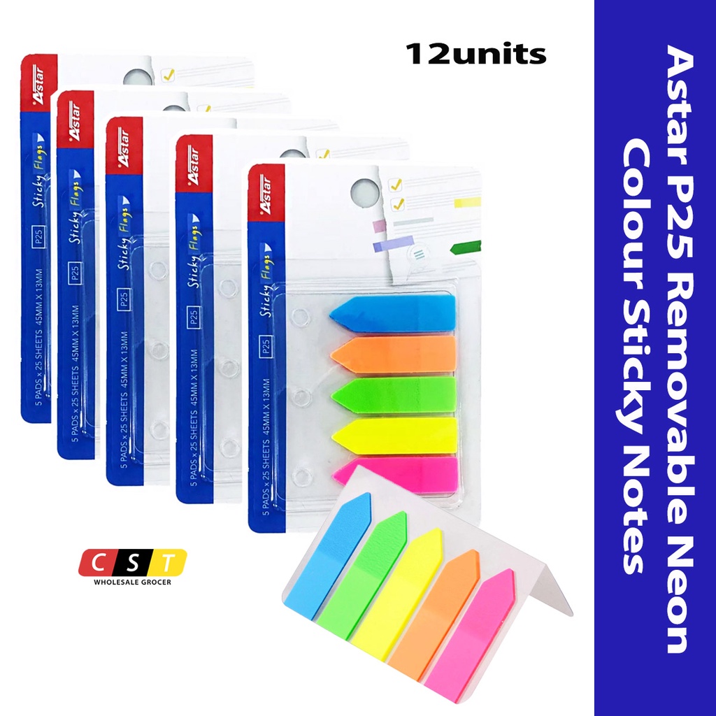 ASTAR P25 Removable Neon Colour Sticky Notes (5 Pads X 25 Sheets) X 12 ...