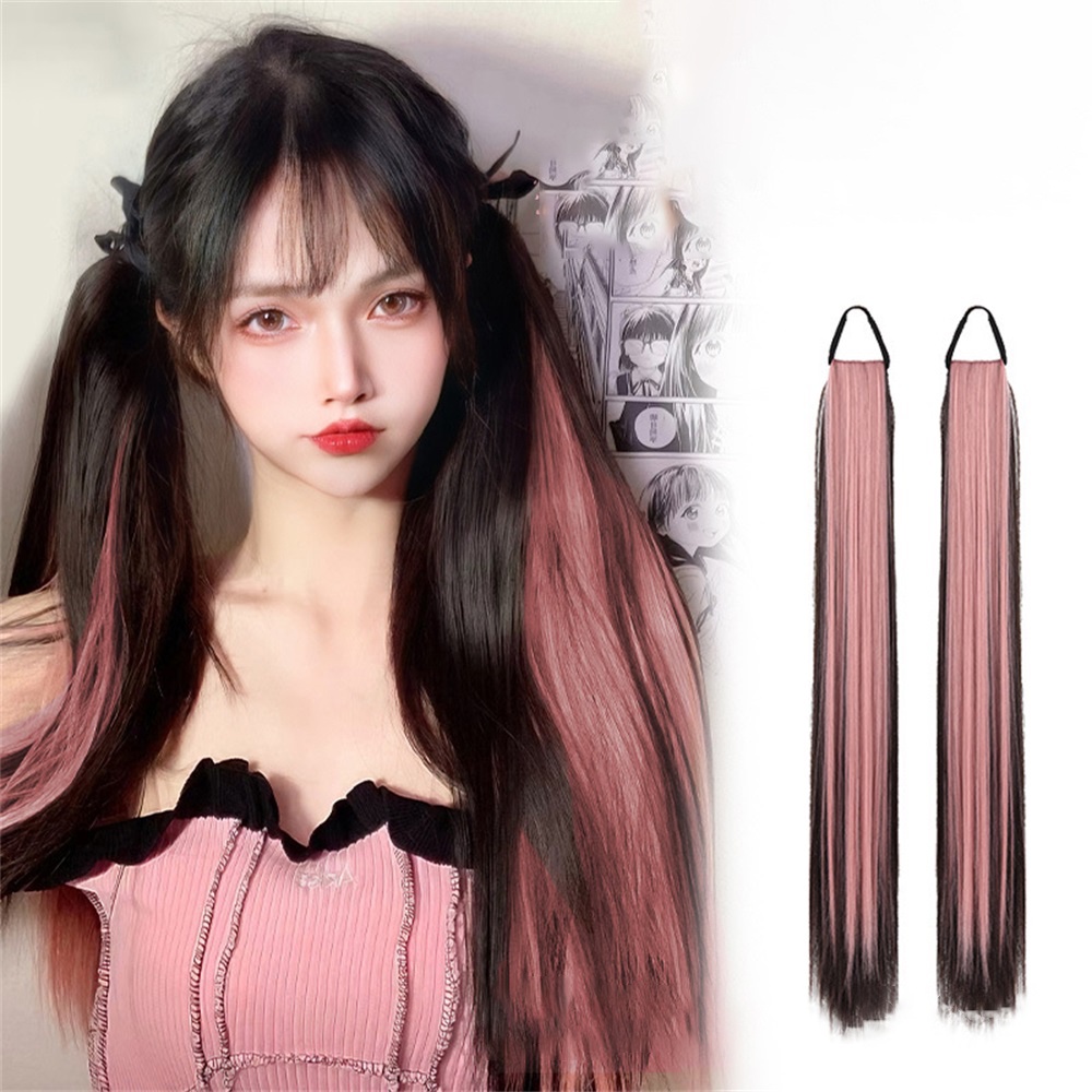 Y2K 50cm girls sweet cool Pink Highlighted Dyed Simulated Long Straight ...