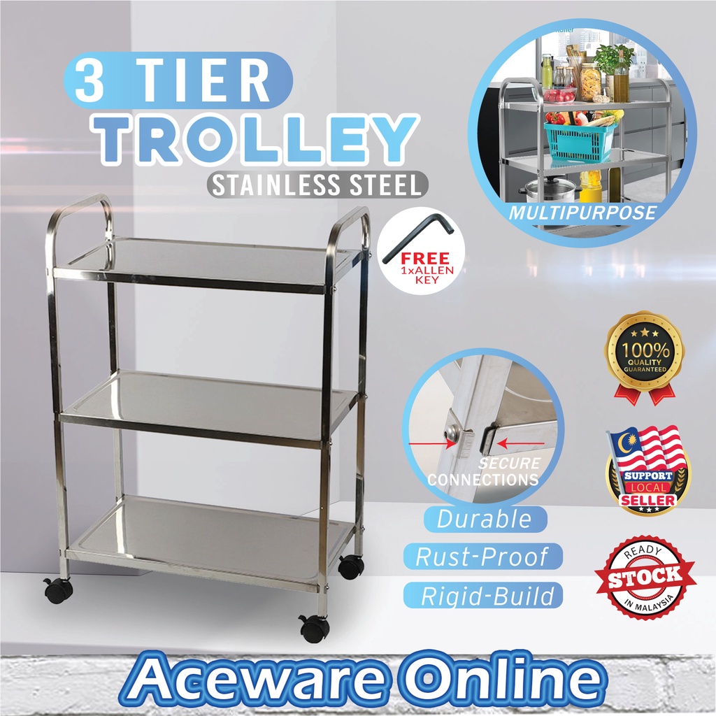3 Tier Trolley Stainless Steel 4 Wheel Heavy Duty Food Multi Rack ...