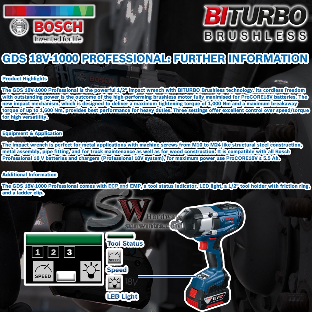Bosch 1000Nm 1/2" Anvil Cordless Impact Wrench GDS18V-1000 GDS 18V-1000 ...