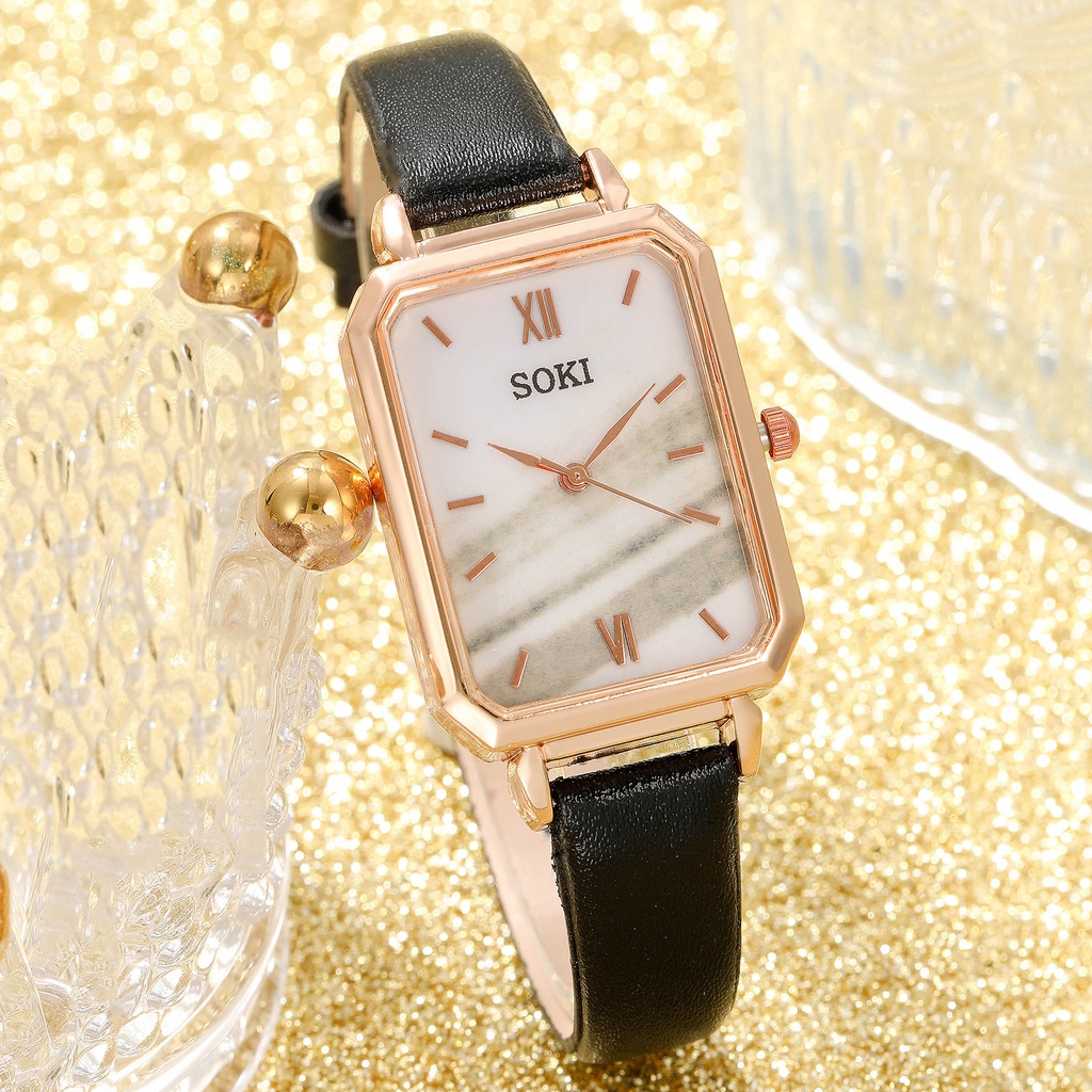 Women's Fashion Small Square Watch Pearl Bracelet Leather Band Quartz ...