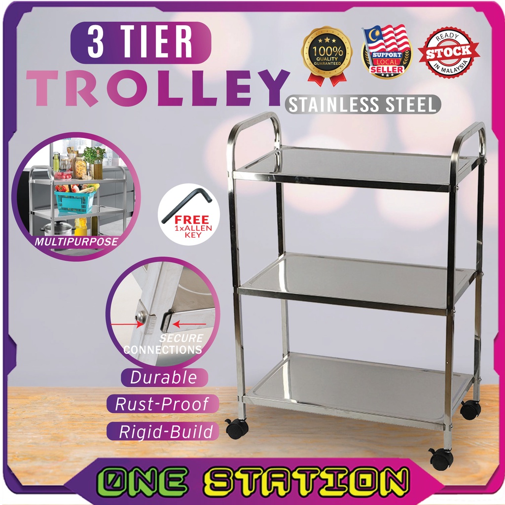 3 Tier Trolley Stainless Steel 4 Wheel Heavy Duty Food Multi Rack ...