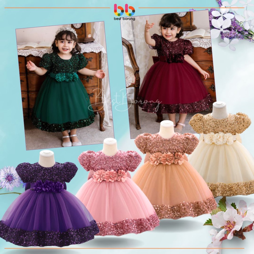 Dress Lace Sequin Flower Girl Kids Princess Wedding Birthday Party Gaun ...