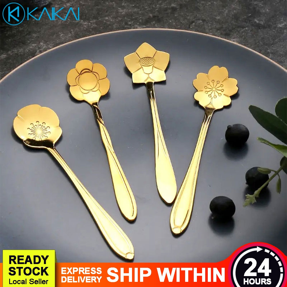 🔥 ANTI RUST 🔥 Gold Plated Stainless Steel Flower Spoon Dessert Coffee ...