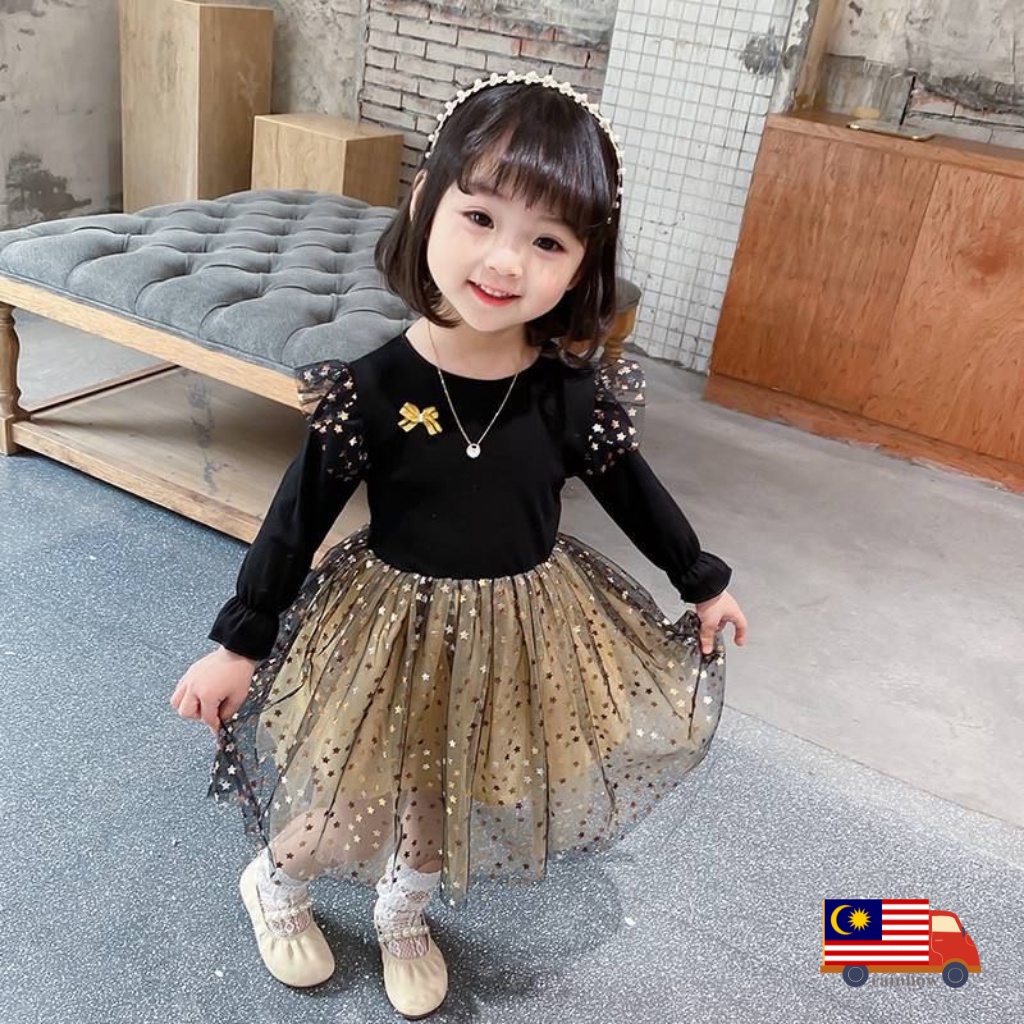Girl Dress Korean Style Long Sleeve Baju Baby Girl Black Veil Dress ...