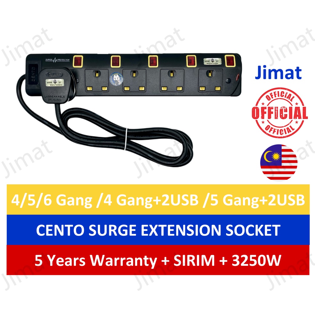 Cento 4 5 6 Gang Surge Protector Trailing Extension Socket Plug Power Extention Power Strip