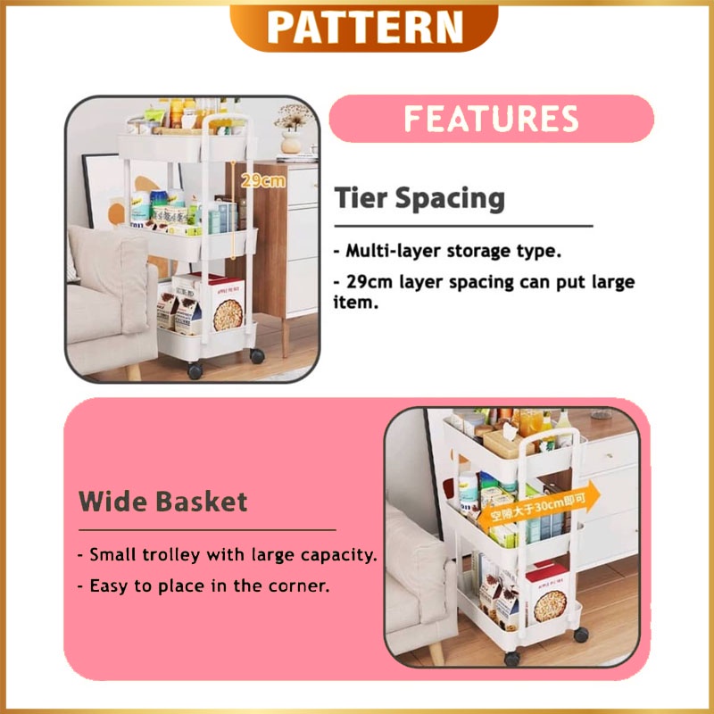 PATTERN Trolley Rack Storage 3 Tier Trolley Kitchen Rack With Wheel ...