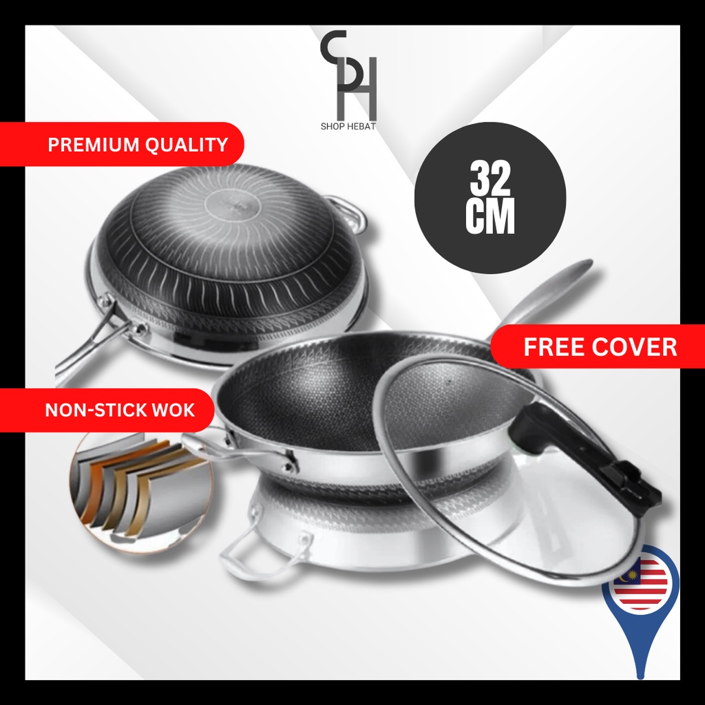 HEBAT👍 32CM Honeycomb Stainless Steel 304 Nonstick Frypot Cooking Frying Pan Kuali Wok Cookware ...