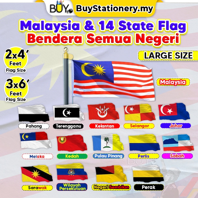 2x4/3x6 Set Bendera Malaysia Semua 14 Negeri All State Country Flag Set Nylon Polyester Jalur ...