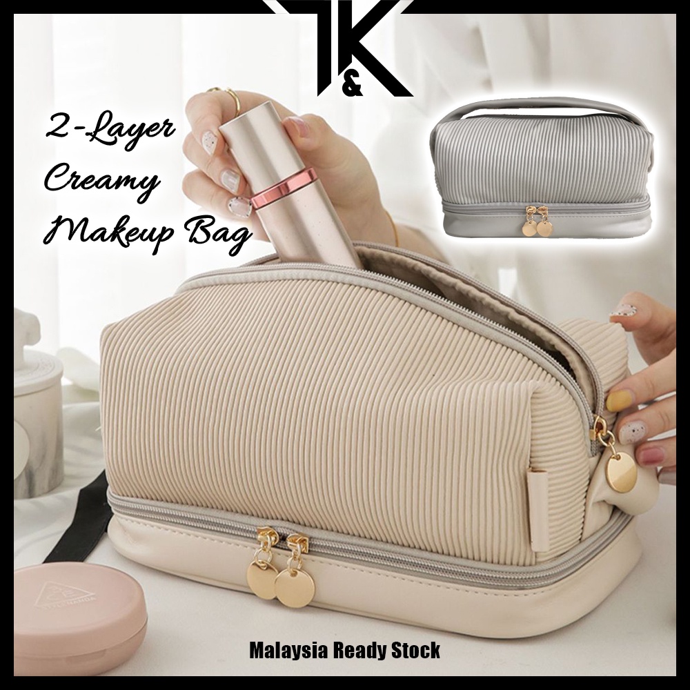 [LOCAL] Creamy Puff Double Layer Travel Makeup Bag | Soft Leather ...