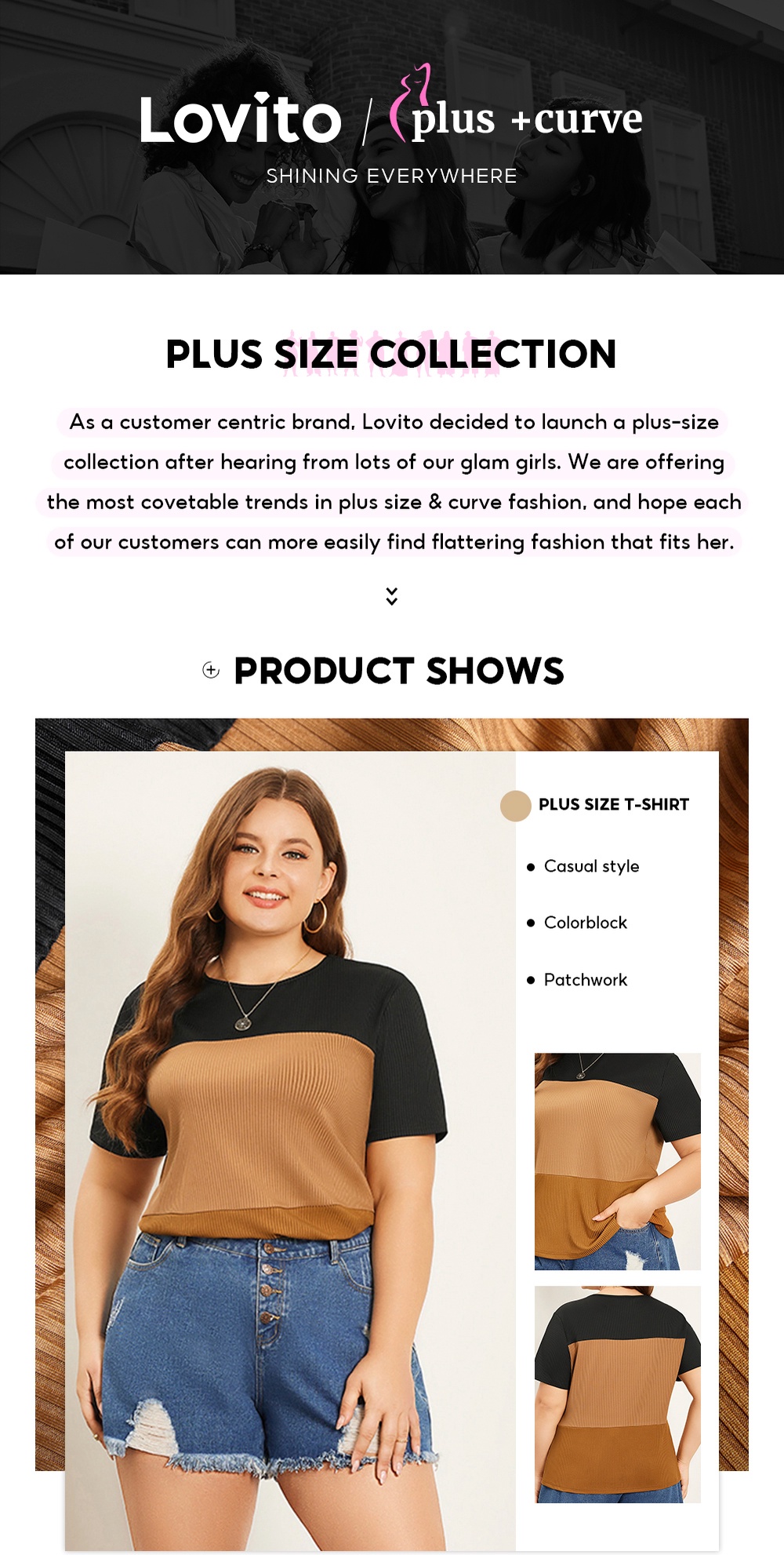 Lovito Plus Size Curve Casual Plain Colorblock Patchwork T-Shirt for ...