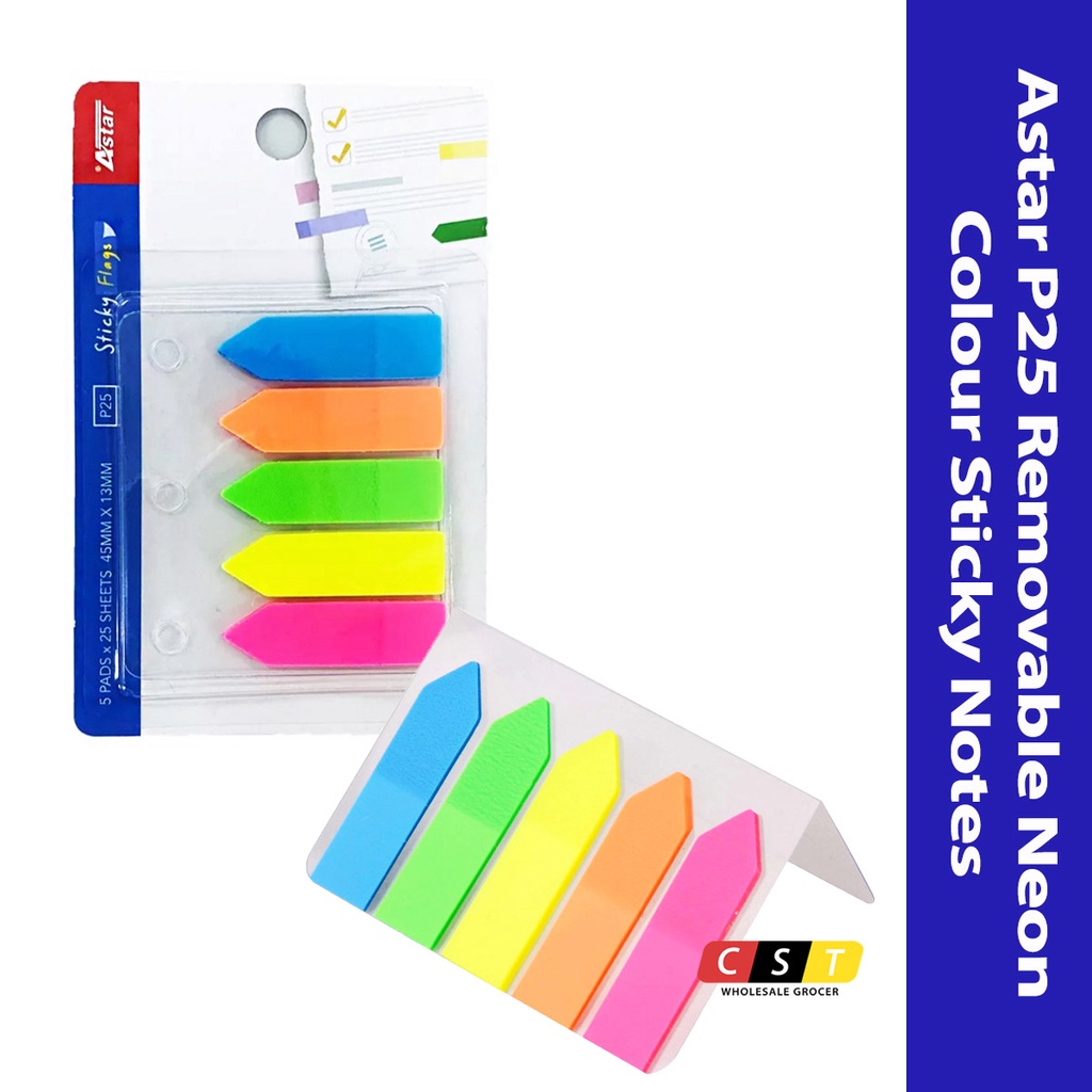 ASTAR P25 Removable Neon Colour Sticky Notes (5 Pads X 25 Sheets ...