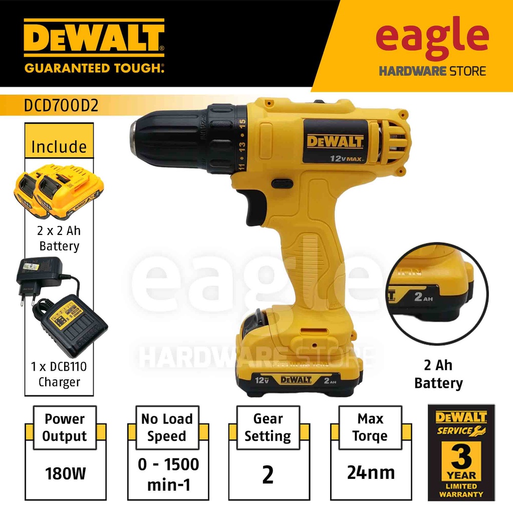 Dewalt DCD700D2-B1 10mm ( 3/8" ) 10.8/12V Cordless Drill Driver ( DCD700D2, DCD700 ) | Shopee ...