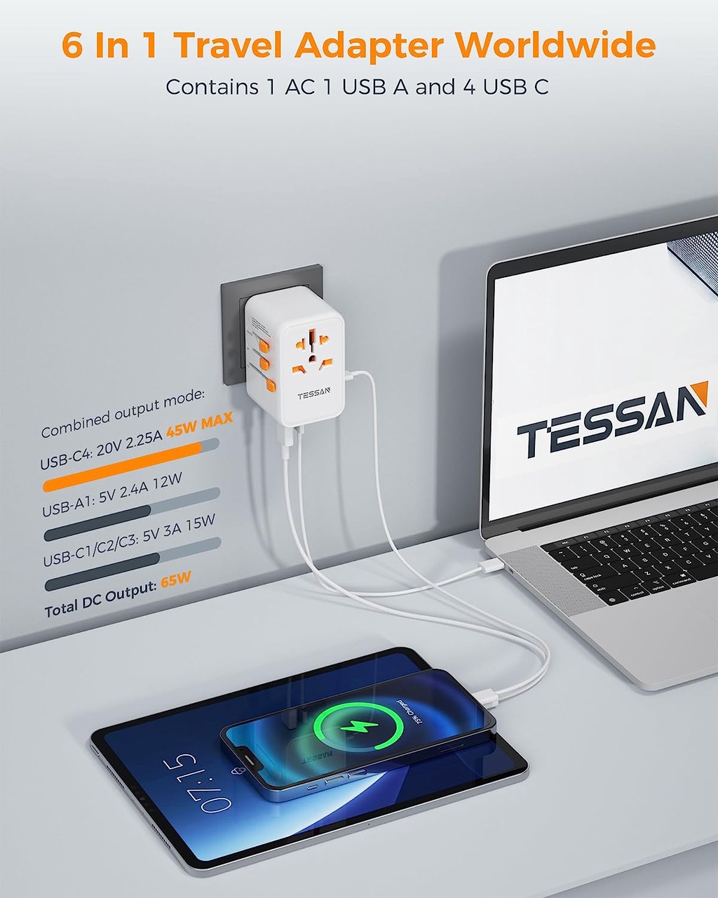 TESSAN Universal Travel Adapter with USB+Type C,PD 65W / 100W ...