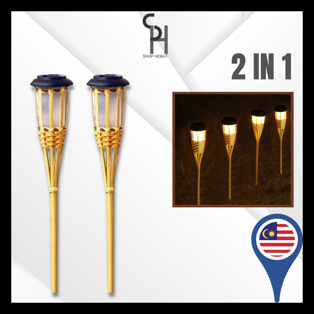 HEBAT👍 2PCS Lampu Pelita Raya LED Solar Bamboo Torch Light Flame Light ...