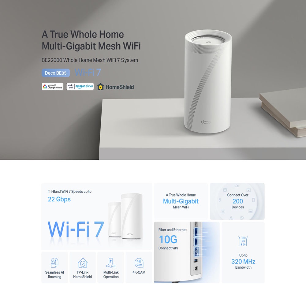 TP-Link Deco BE85 BE22000 Tri-Band Whole Home Mesh WiFi 7 System (1pack ...