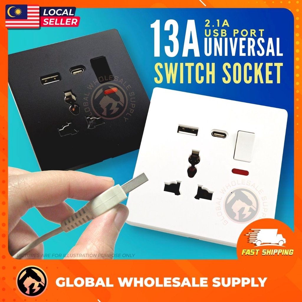 13A Universal Switch Socket USB Port 2.1A Type-C Fast Charging USB ...