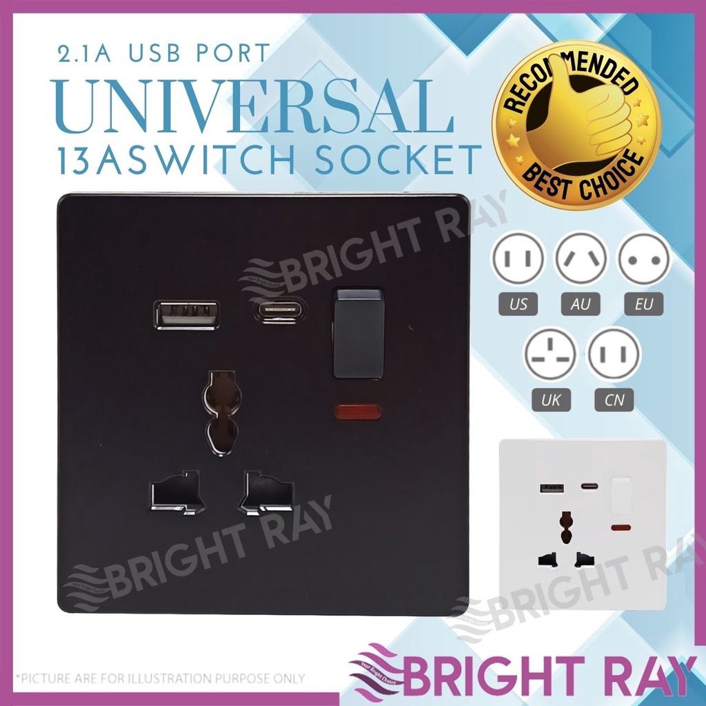 13A Universal Switch Socket USB Port 2.1A Type-C Fast Charging Suis ...