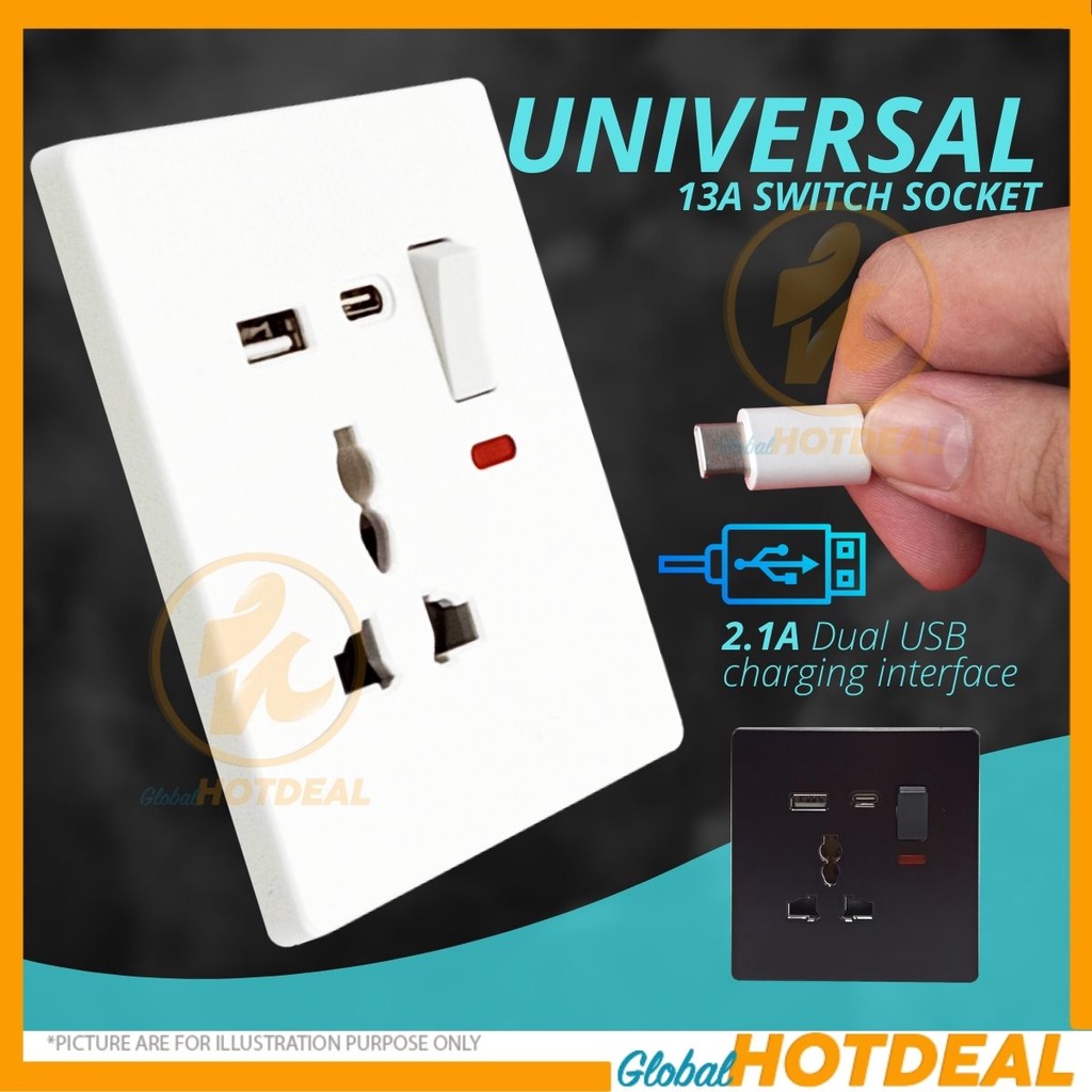 13A Universal Switch Socket Suis Soket Rumah USB Port 2.1A Type-C Fast ...