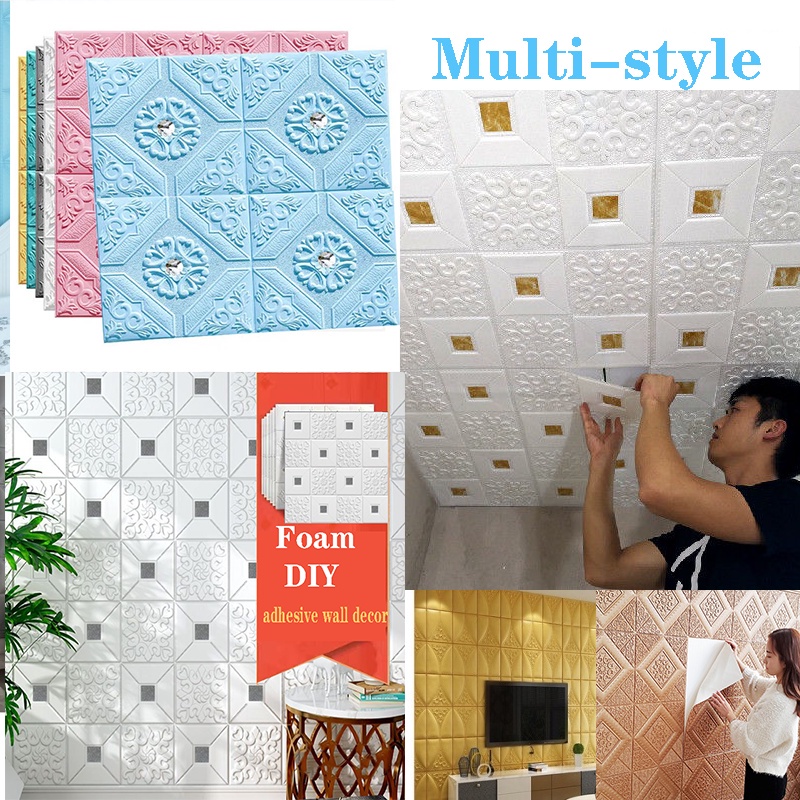 Foam 3D Wall Paper Dinding Adhesive Wall Stickers PE Waterproof Panner ...