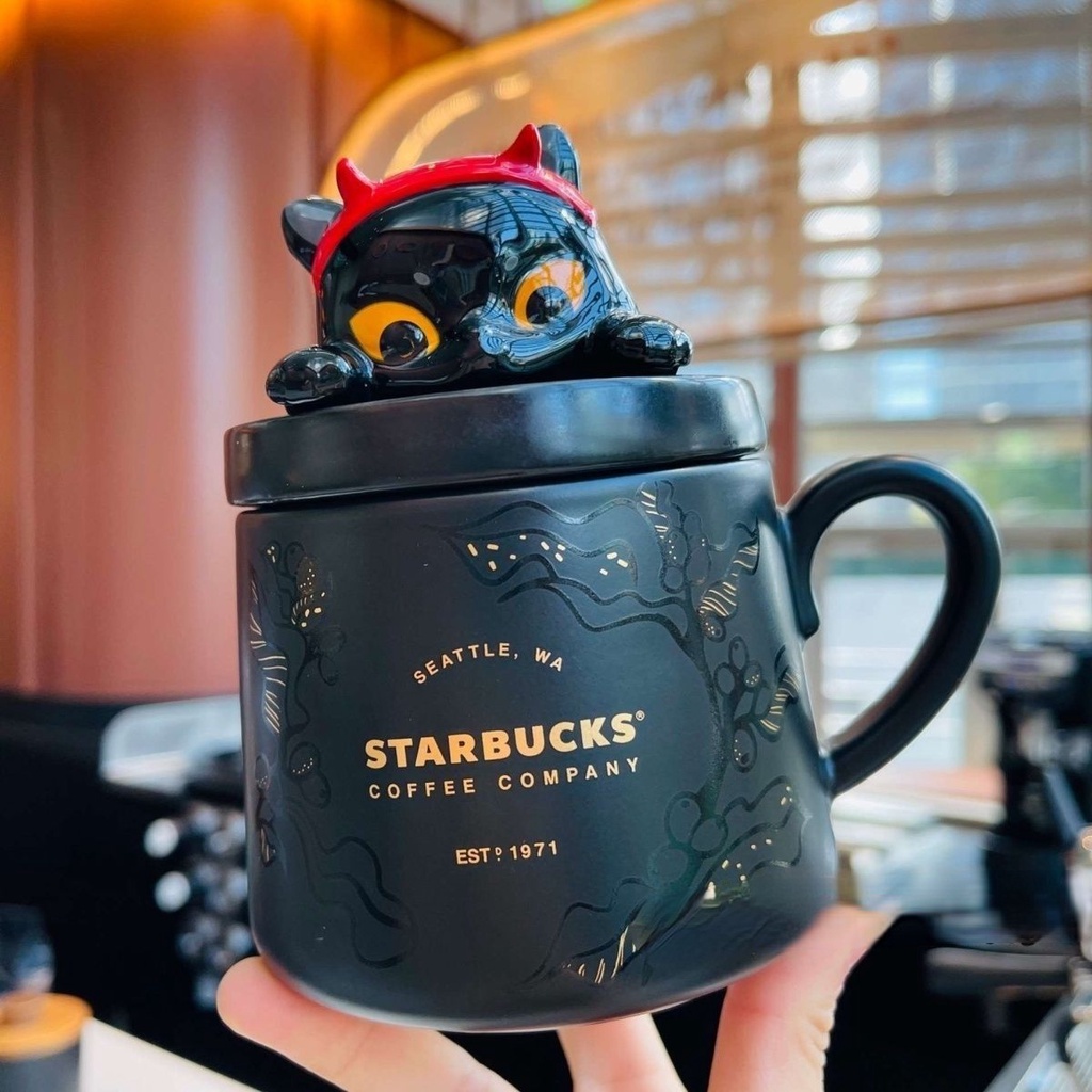 Starbucks Mug Halloween Cute Devil Horn Big Eye Cat Coffee Cup Lid Set ...