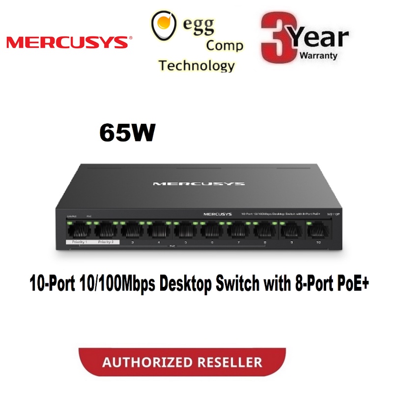 Mercusys MS110P 10-Port 10/100Mbps Desktop Network Plug & Play Lan ...